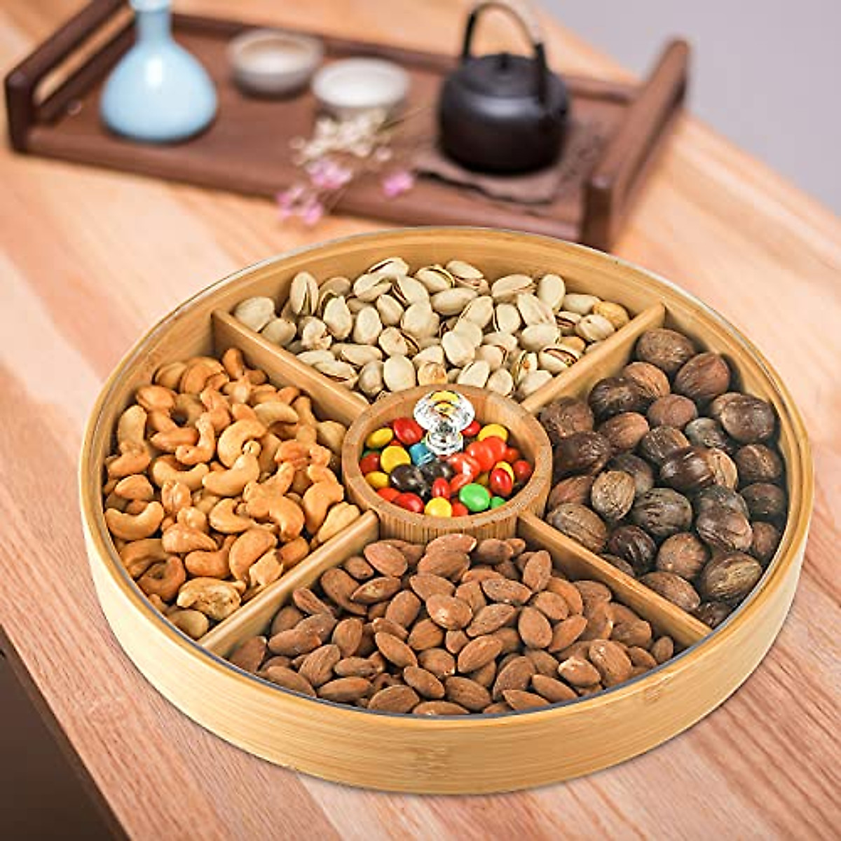 Hedume Bamboo Nuts Storage Platter Tray, Food Serving Tray with 5 Dining Grids, 12 Inches Dessert Fruit Veggie Food Serve Plate Tray for Party, Family Dinner, Holiday and Home Warming