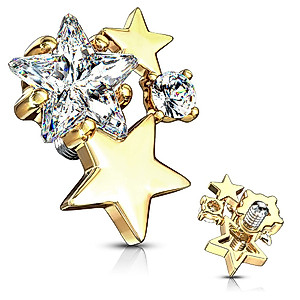 Pierced Owl 14GA Stainless Steel Internally Threaded CZ Crystal Star Cluster Dermal Anchor Top (Gold Tone)
