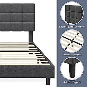 Yaheetech Upholstered Bed Frame, Platform Bed Frame with Adjustable Headboard, Mattress Foundation, Strong Wooden Slats Support, No Box Spring Needed, Dark Grey, Full