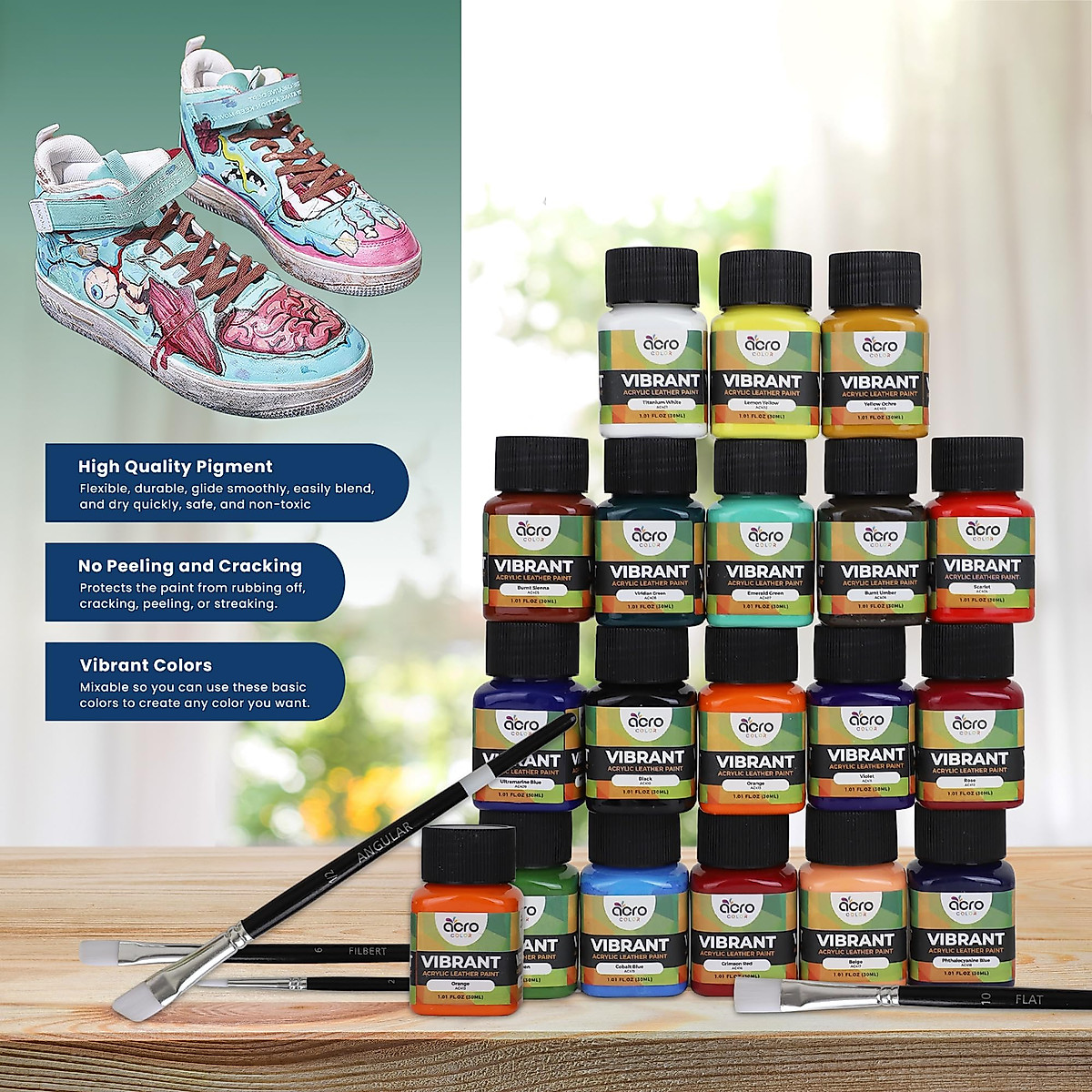 Acrylic Leather Paint for Shoes - 18 Color Acrylic Leather Paint Kit With 5 Paint Brushes (Deglazer and finisher not Included) - Great Repair Finisher For Shoes, Sneakers, Couches, Bags, Car Seats, Wallets, Jackets