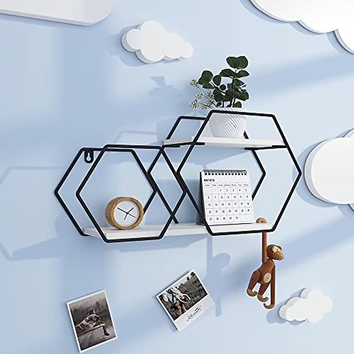 AIJADESK Wall Metal Wall Shelf Geometric Floating Shelves Decorate, Siamese Creative Classic Element Design Hexagon Floating Shelves, for Plant Display, Home Decoration Farmhouse Wall Shelf Exhibit.