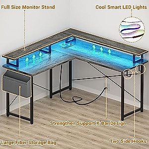 armocity L Shaped Computer Desk with Power Outlets, Gaming Desk L Shaped with LED Lights, Corner Desk with Storage Shelves, Work Study Desk for Bedroom, Home Office Small Spaces, 47'', Grey