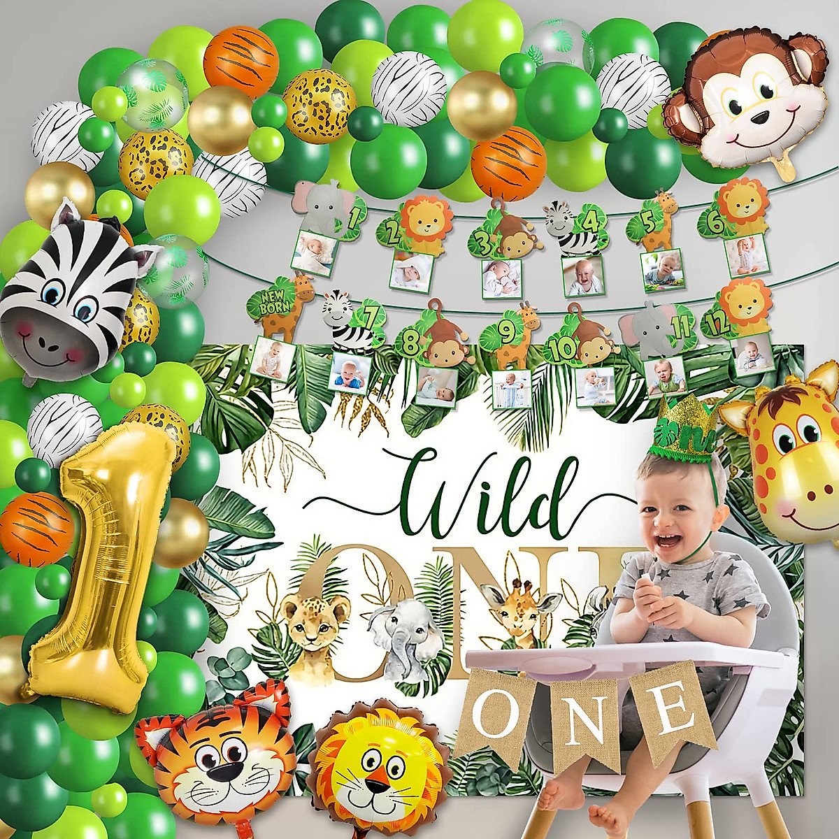 Wild One Birthday Decorations for Boys, Safari First Birthday Decorations, include Backdrop, Tablecloth, Balloon Arch, Highchair Banner, Monthly Photo Banners, Crown, Jungle Animals Foil Balloons