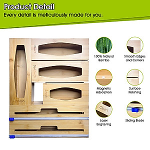 OTLS Storage Bag Organizer for Kitchen Drawer, 6 in 1 Foil and Plastic Wrap Organizer with Cutter, Bamboo Bag Organizer for Drawer with Separate Boxes for Gallon, Sandwich, Quart & Snack