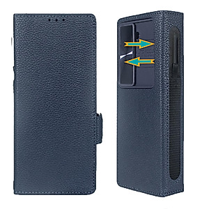 Vitodo for Galaxy Z Fold 5 Case with S Pen Holder - Genuine Leather Wallet Case Built in Slide Camera Cover, Card Slot, Kickstand, Hinge Protection Phone Cover for Samsung Galaxy Z Fold5 5G (Blue)