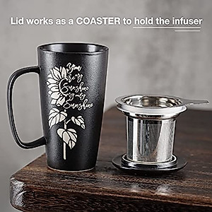 Taimei Teatime Ceramic Tea Mug with Infuser and Lid, 15.5 oz Tea Infuser Mug with Large Strainer for Steeping Loose Leaf Tea, Women Man Office Home Gift, Black