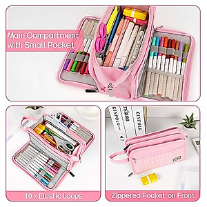 Sooez Large Pencil Case, Big Capacity Pencil Pouch Pen Bag with 3 Compartment, Portable Canvas Stationery Organizer with Zipper, Cute Aesthetic School Supplies For Teen Girls Boy College, Pink