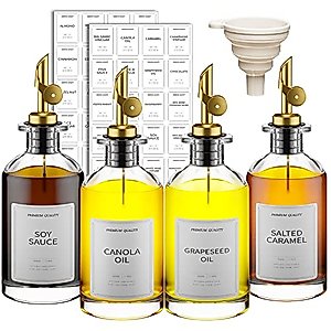 12 oz Glass Olive Oil Dispenser Bottle For Kitchen,Oil And Vinegar Dispenser Set Of 4,Oil Bottles For Kitchen,Coffee Syrup Dispenser,Glass Oil Container With Metal Pourer,Funnel,Waterproof Labels