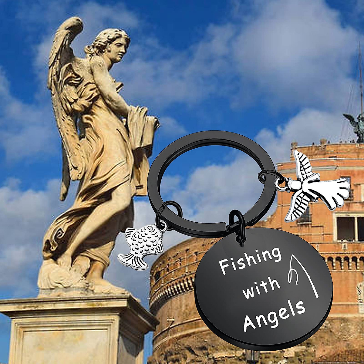 POTIY In Memory of Dad Keepsake Fishing with Angels Keychain Dad Grandfather Memorial Keychain RIP Gift Loss of Brother Gift (Black Keychain)