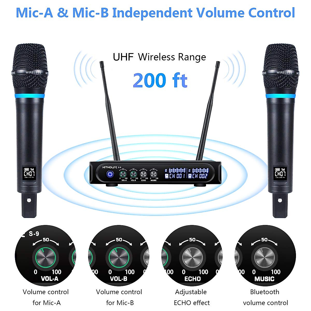 Kithouse S9 UHF Rechargeable Wireless Microphone System Karaoke Microphone Wireless Mic Cordless Dual with Bluetooth Receiver Box + Volume Control ECHO for Karaoke Singing Speech Meeting Church, 200FT