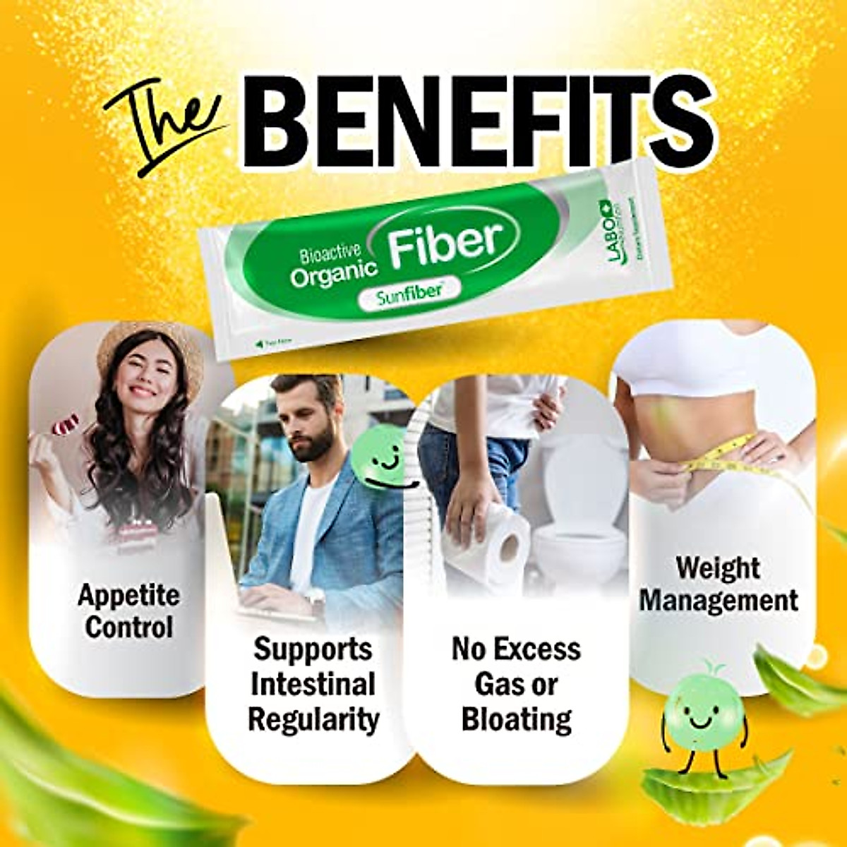 LABO Nutrition Bioactive Organic Fiber, Sunfiber Soluble Prebiotic Fiber Supplement, Support Healthy Digestive, Intestinal, Wellness with Partially Hydrolyzed Guar Gum, Low-FODMAP, Non-GMO, 30 Sachets