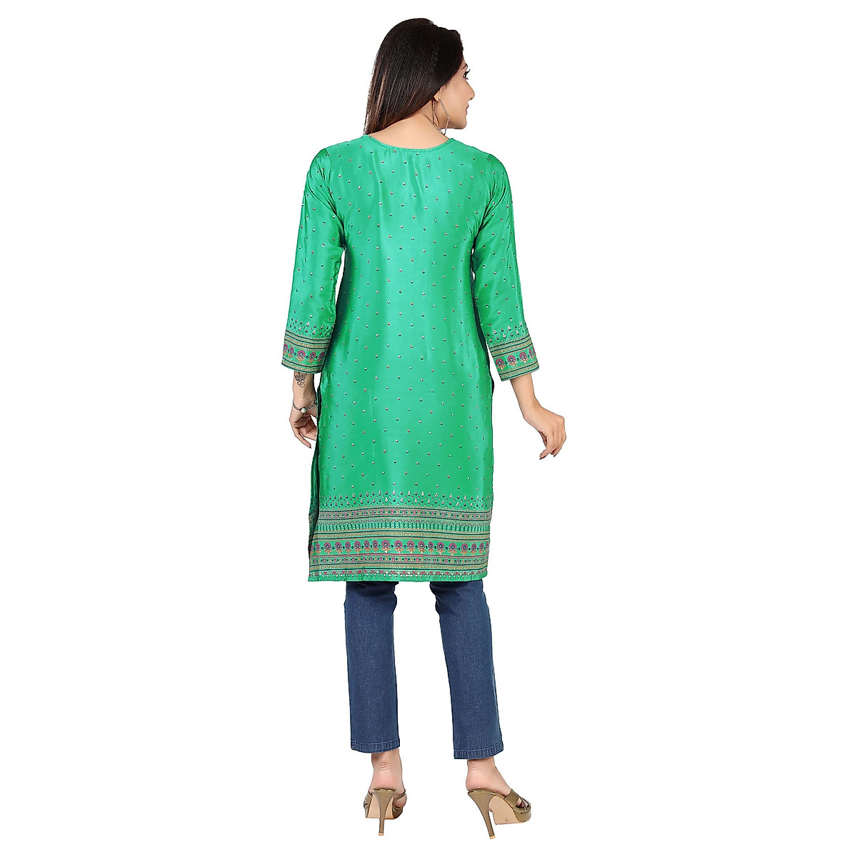 Indian Kurtas for Women Silk Long Kurti Tunic Party Wear Top (Green, 4XL)