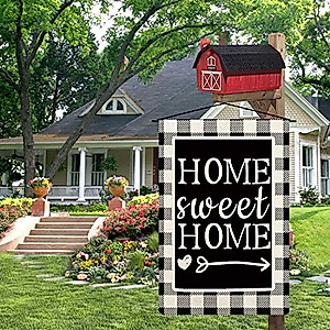 Coskaka Home Decorative Welcome Home Sweet Home Garden Flag Buffalo Plaid Check Outdoor Black and White Burlap Spring Summer Outside Farmhouse Holiday Flag 12.5 x 18"