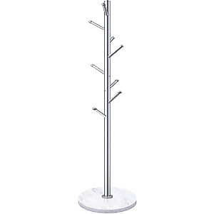 Homde Metal Coat Rack Stand with Natural Marble Base, Stainless Steel Freestanding Clothes Tree Hanger with 8 Hooks, Hall Hanger for Coat Jackets Hat Scarves Handbags Entryway Bedroom (Silver)