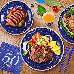50th Birthday Party Supplies Disposable Paper Plates Napkins Cups Knives Spoons Forks for Men women Navy Blue 50 Birthday Party Decorations, Total 168pcs,Serve 24