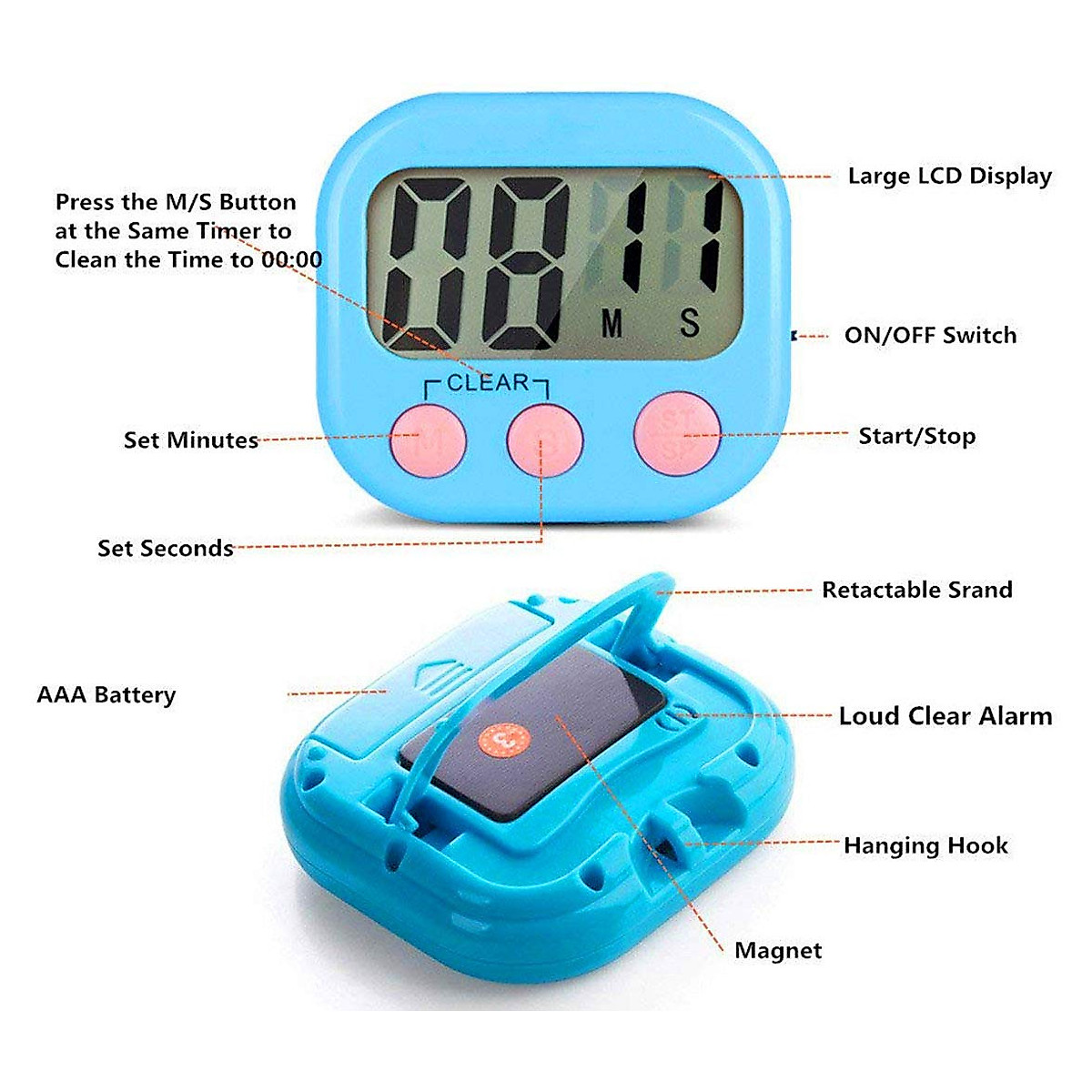 Digital Kitchen Timer, Big Display Screen, Loud Alarm, Strong Magnetic Backing Stand, Cooking Baking Kids Classroom Teacher Game Timers, Minute Seconds Count Up Countdown and Simple Operation(4 Pack)