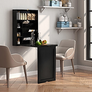 GOFLAME Wall Mounted Desk, Folding Floating Desk with 3-Tier Tilt Storage Partition and Adjustable Shelves, Space-Saving Fold up Desk Laptop Desk, Convertible Writing Desk for Home Office, Black