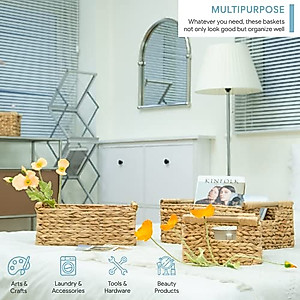 Wicker Baskets for Storage Organizing, Water Hyacinth Storage Baskets Rectangular with Wooden Handles for Shelves, Natural Wicker Storage Basket Bins - Set of Wicker Baskets for Organizing with Handle