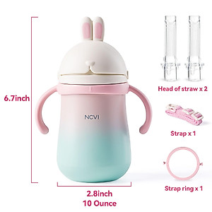 NCVI Weighted Straw Sippy Cup Spill Proof Stainless Steel, Kids Toddler Thermal Cup with Removable Handle and Replacement Head Straw Perfect for 2 Years Old, 10oz (Pink Bunny)