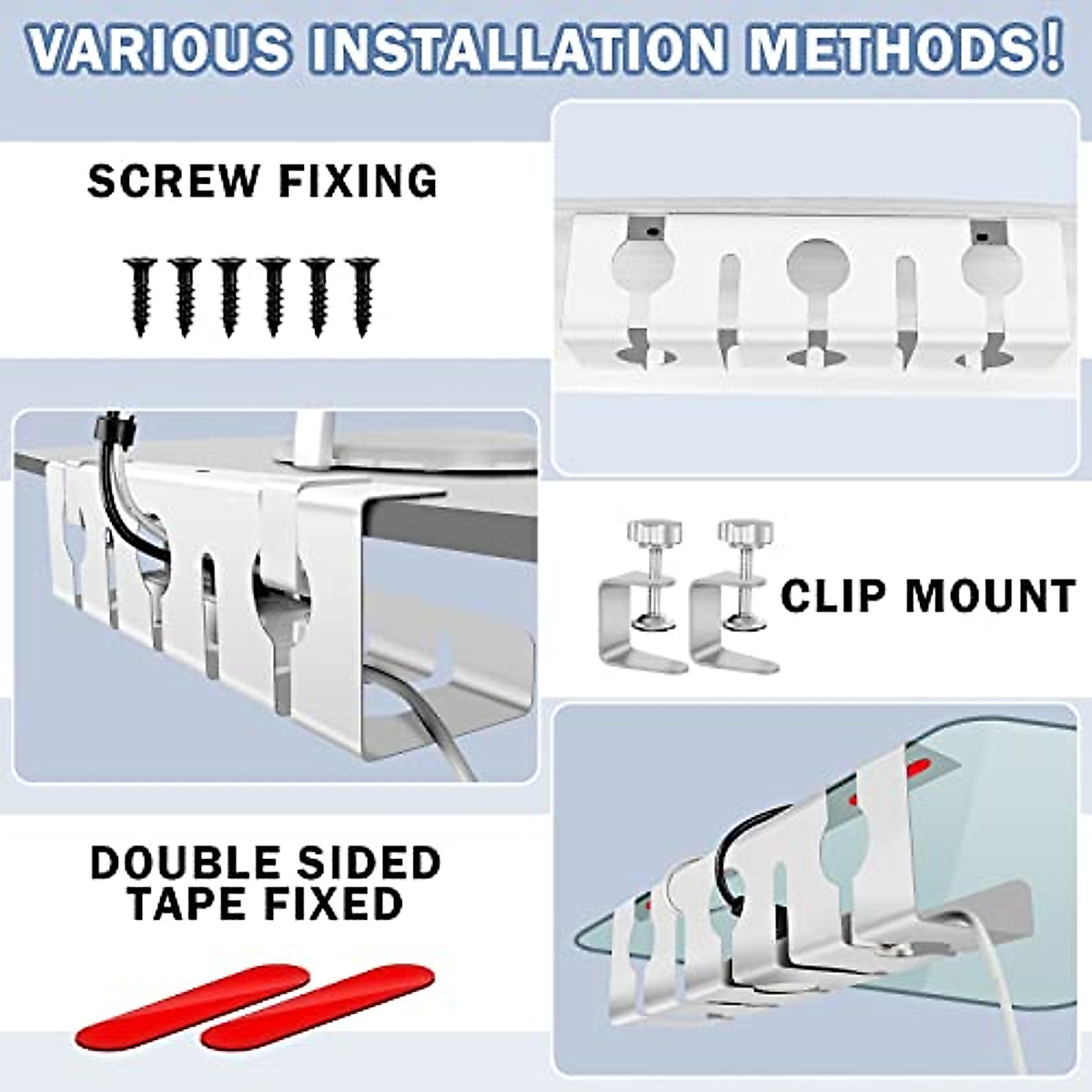 Under Desk Cable Management Tray - No Damage to Desk, Perfect Standing Desk Cable Management, Quszmd Under Table Cable Management Upgraded No Drill,Clamp Install Desk Cord Organizer Rack