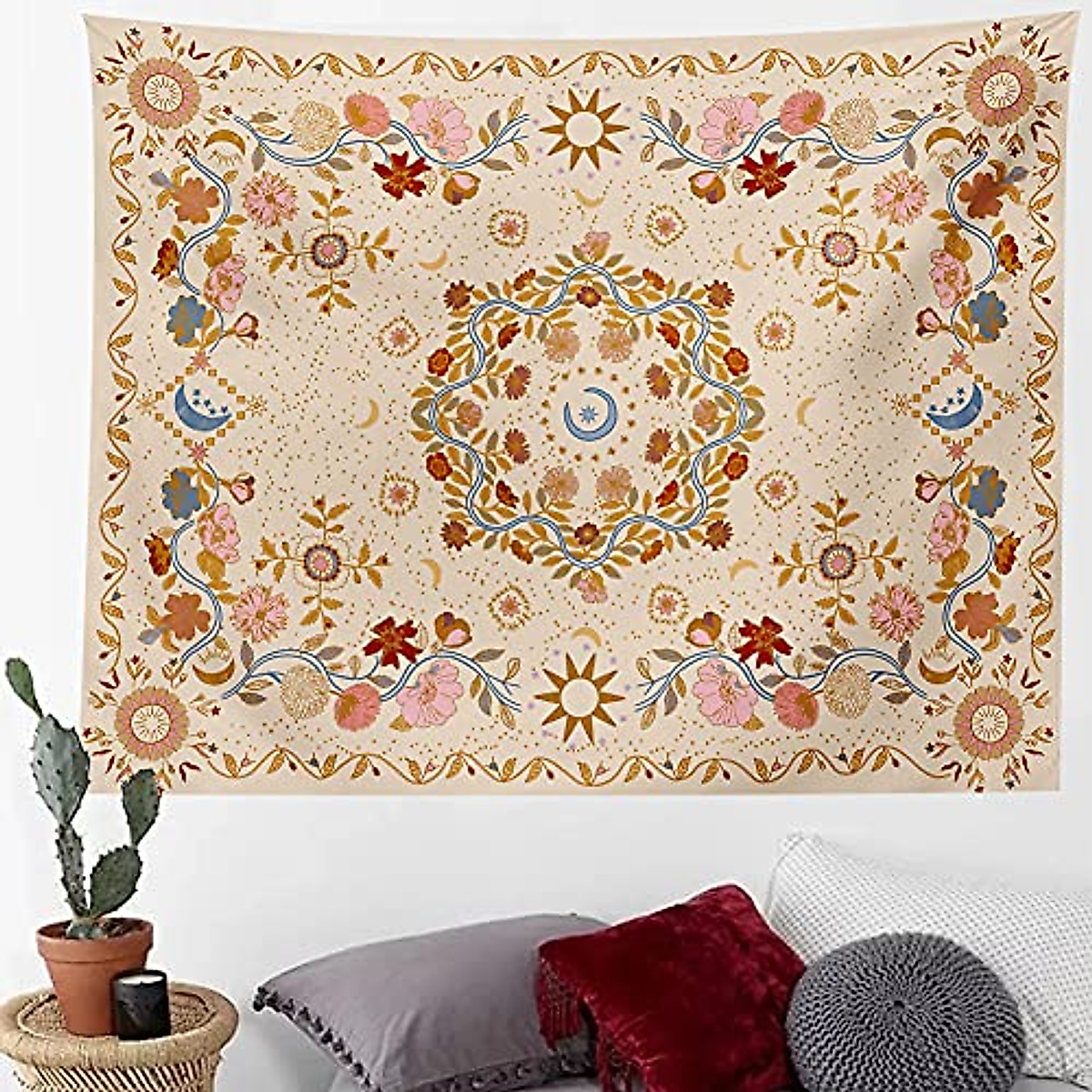 TTYQXZ Wall Tapestry Bohemian - Floral Vine Wall Hanging Celestial Sun Moon and Star Tapestries Hippie Home Decor Boho Tapestry for Bedroom Aesthetic (Cream, Medium (50ʺx 60ʺ))