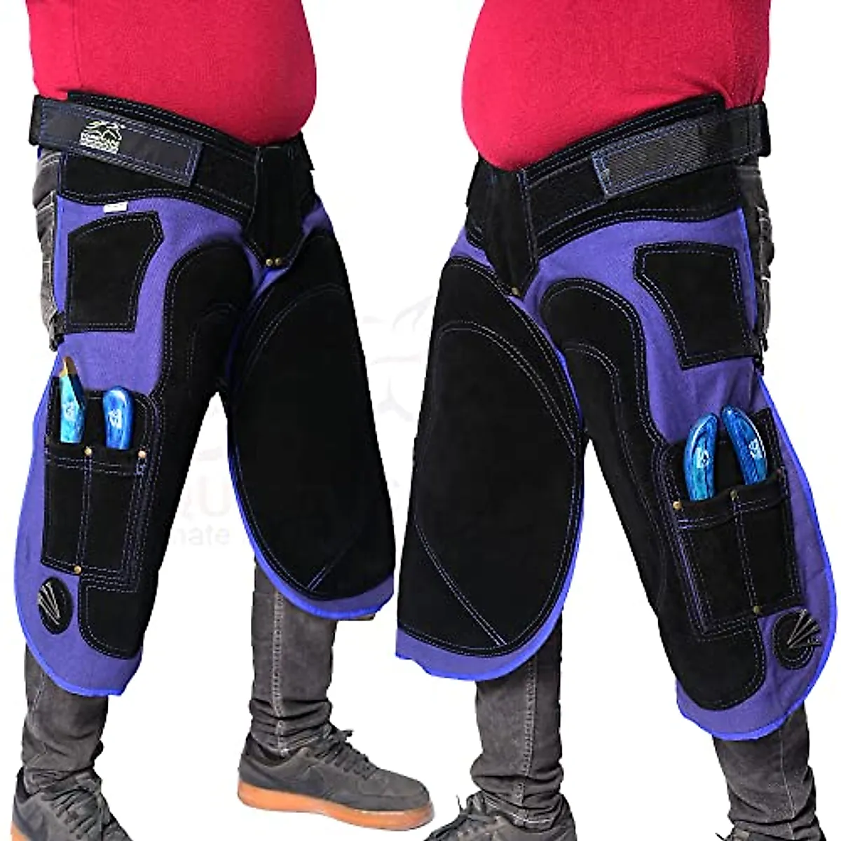 Equine Care Farrier Apron Chap Back Support - Cowhide Suede Leather, 4 Knife Pocket, 2 Nail Magnets, Adjustable Velcro Buckle - 25 inches/65cm