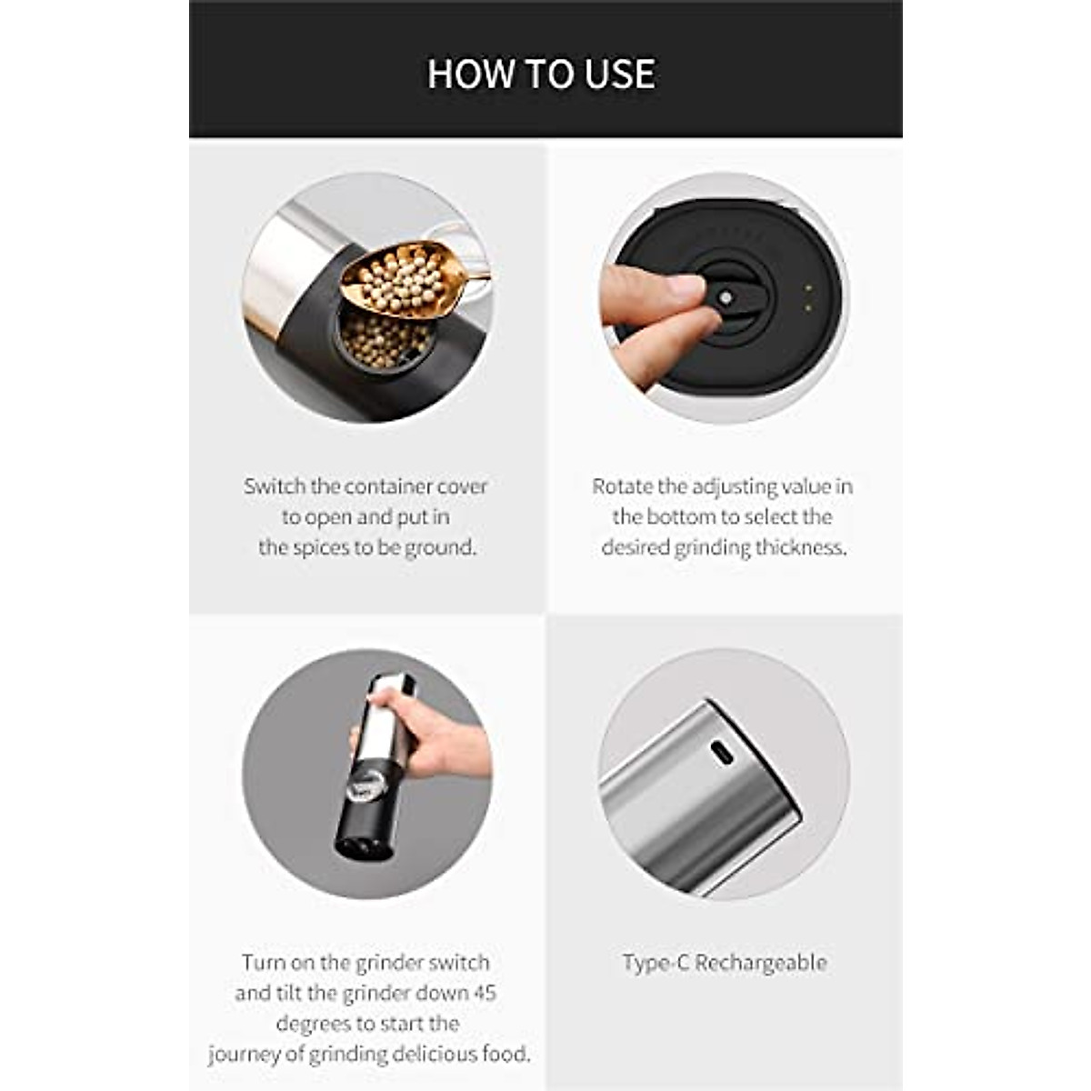 Electric Salt and Pepper Grinder Set, Rechargeable Powerful long Lasting Automatic Salt and Pepper Mill, Refillable Pepper Mill, Adjustable Coarseness, One Hand Operation By INKNA