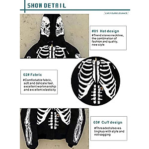 NUFR Skeleton Zip Up Hoodie Skeleton Jacket Black Oversized Streetwear Pullover Sweatshirt for Men, XX-Large