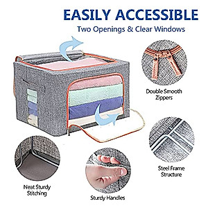 Clothes Storage Bins Boxes, 2 Pack Large Foldable Storage Bags with Clear Window/Durable Handles for Clothes, Metal Frame Clothes Storage Containers Organizer Set for Bedding, Blankets, Toys, Books(Dark gray, 66L)