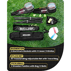 BOULDER Sports Pickleball Paddles & Badminton Set for Backyard - Includes 4 Rackets, 2 Pickleball Paddles, 3 Shuttlecocks, 2 Pickleballs & 2 Travel Bags - Easy Setup Volleyball & Racket Sports Net