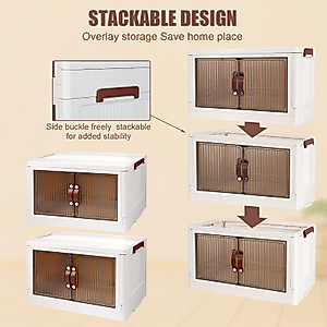 Roixeeds 3 Tier Storage Bins with Lids, 34QT Stackable Storage Bins with Wheels, Collapsible Closet Organizers and Storage, Folding Plastic Storage Bins with Doors for Living-room, Office, Dorm