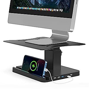 AQQEF Monitor Stand, Height Adjustable Computer Monitor Riser for Desk, Ergonomic Desktop Monitor Stand for Laptop, Computer, iMac (Metal -with USB HUB & Charger)
