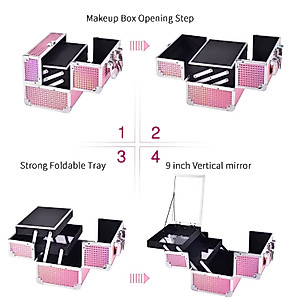 Joligrace Makeup Train Case Cosmetic Box Portable Makeup Case Organizer 2 Trays Makeup Storage with Mirror Locking for Cosmetologist Aesthetic Supplies Nail Tech Traveling Makeup Box Mermaid Pink