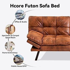 Hcore Convertible Futon Sofa Couch,3” Memory Foam Splitback Sofa,Brown Faux Leather Memory Foam Loveseat,Small Euro Lounger Sofa for Compact Living Spaces,Apartment,Studio,Office/Cushion Thickening