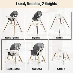 High Chairs for Babies and Toddlers, Xhakchik 6-in-1 Convertible High Chair for Toddlers, Baby High Chair with Adjustable Function, Removable Tray, Pu Mat and 5-Point Harness (Dark Grey)