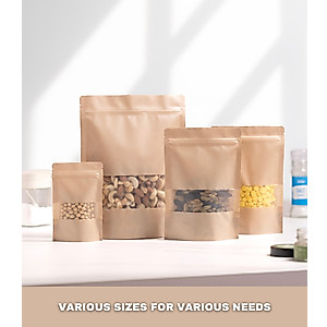 24/7 Bags- 200 Pack, Kraft Paper Stand Up Pouch Bag- 5.5" x 7.8", Resealable Zip-Lock with Front Window, Zero BPA, Easy Tear Notch, Self Stand Up, Food Grade Interior Coating