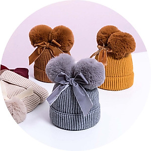 Toddler Baby Boy Girl Knitted Pompom Beanie Hat Thicken Warm Crochet Bow Double Pom Beanie Cap Kids Winter Hats Black