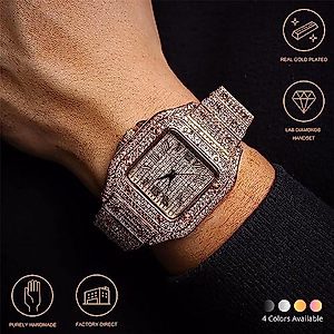 Halukakah Men's Diamond Watch - The King - 18K Gold Plated, 40MM Square Dial, Iced Out Wristband, Lab Diamonds Handset, Comes in Giftbox
