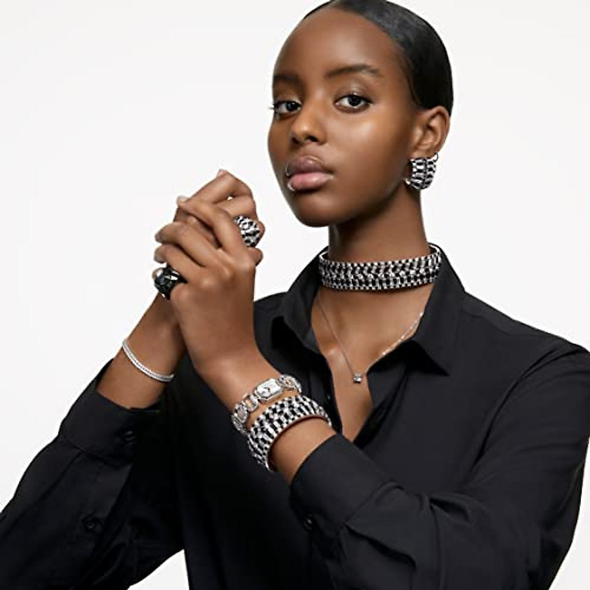 Swarovski Attract Pendant Necklace with a Square Cut Clear Crystal on a Rhodium Plated Setting with Matching Chain