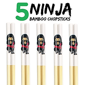 GAMAGO Ninja Bamboo Chopsticks Set-5 Pairs of Adorably Cute Reusable Chop-Sticks-Easy Grip, Lightweight, Durable, 9.25 Inches, Red