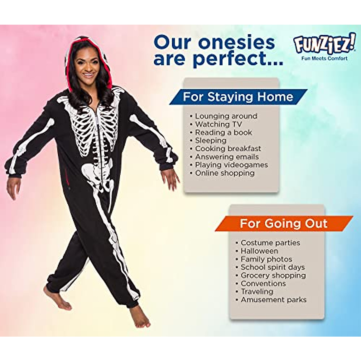 Funziez! Glow in the Dark Skeleton Adult Onesie - Halloween Costume - Plush One Piece Cosplay Suit for Adults, Women and Men