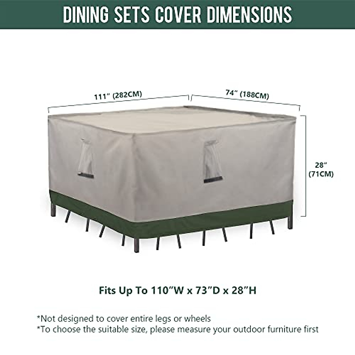 Rachmi Heavy Duty Dining Sets Cover 111 Inch for 6-8 Seats, 600D Oxford Water Resistant Anti UV & Fade Outdoor Patio Furniture Sets Table and Chair Cover (111”W x 74”D x 28”H, Khaki/Green)