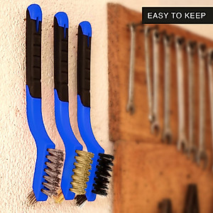 Lavaxon Wire Brush Set 3Pcs - Nylon/Brass/Stainless Steel Bristles with Curved Handle Grip for Rust, Dirt & Paint Scrubbing with Deep Cleaning – 7 Inches (Green)