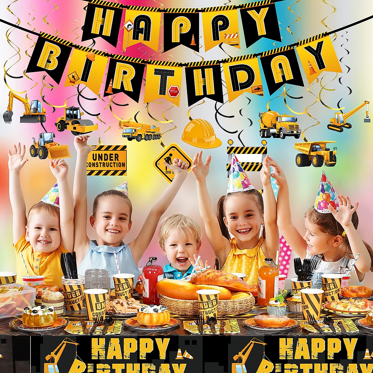 Ctosree 179 Pieces Construction Birthday Party Supplies Dump Truck Party Decorations for Boys Kids Included Banner Tablecloth Hanging Swirls Plates Cups Napkins Forks Spoons Knife Tableware Set for 24