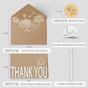 Cularve 20 Pack thank you cards with envelopes,Kraft paper wedding thank you cards,butterfly thank you cards,Blank Retro flowers Cards for Birthday Wedding Baby Shower Bridal Shower,4 x 6 Inch