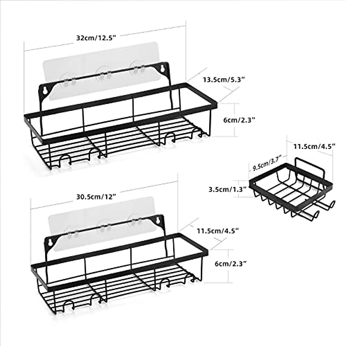 HYG easyshop Black Self Adhesive Shower Shelves, 2 Pack Stainless Steel Shower Caddy with Soap Holder, Rustproof Shower Rack Suitable for Bathroom, Kitchen