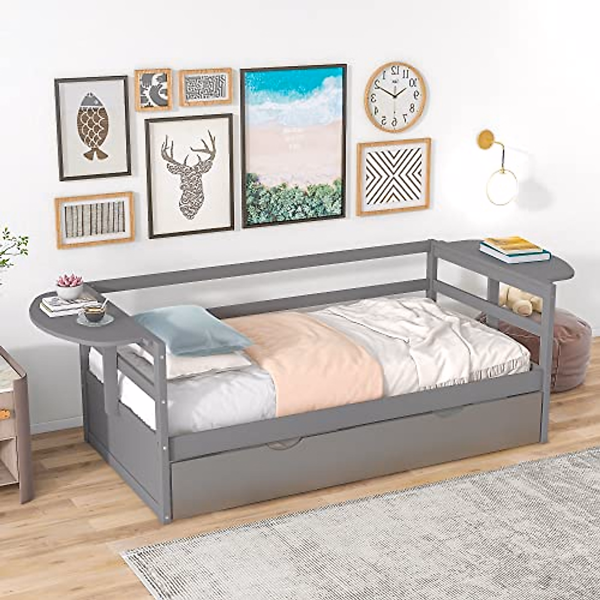 SOFTSEA Twin Daybed with Foldable Shelves, Wood Day Bed Frame with Trundle (Gray)