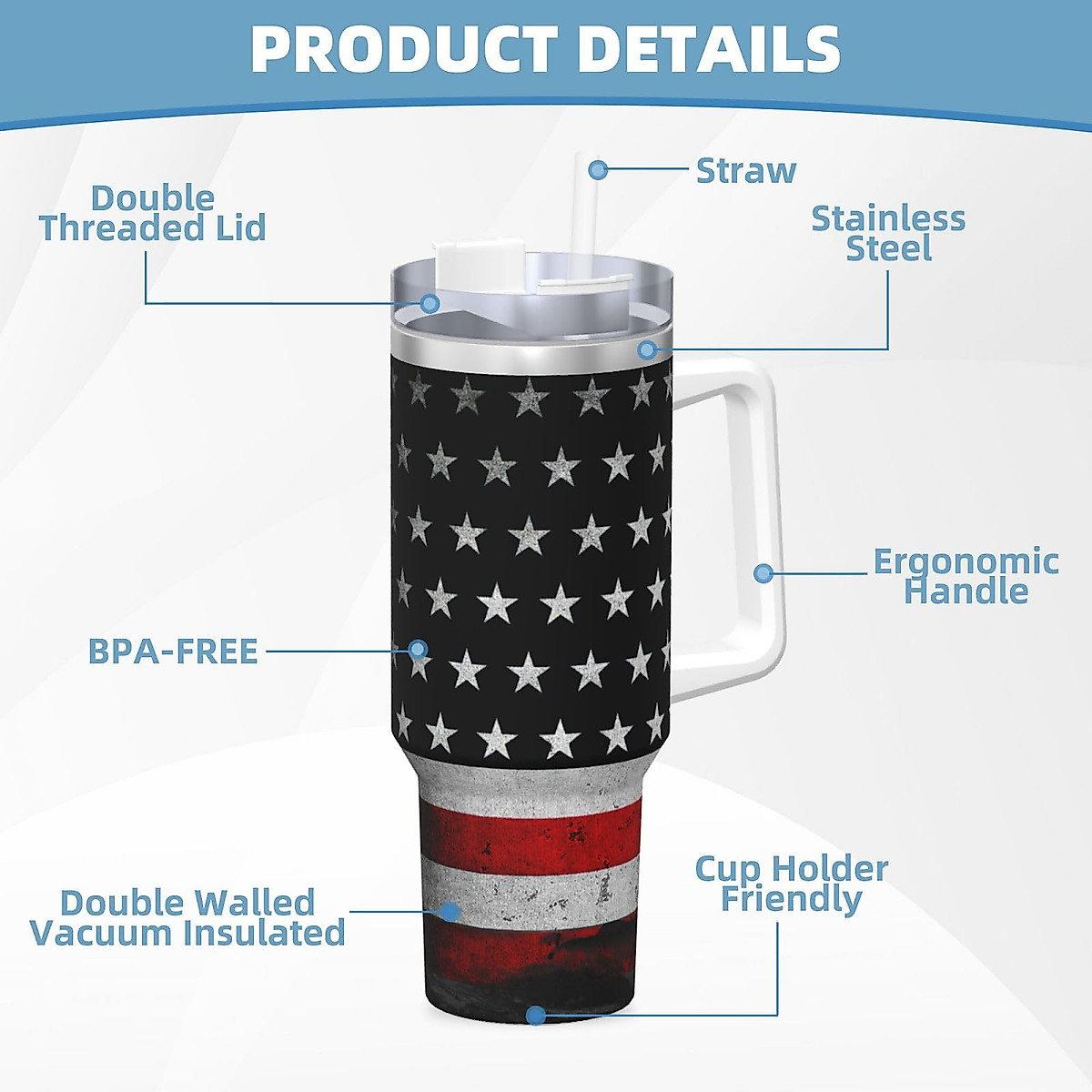 deaokluy 40 OZ American Flag Ice Bully Cup with Handle Straw Lid, Double Wall Stainless Steel Tumbler Travel Coffee Cup, Retro Insulation and Cooling Cup for Christmas Birthday Present