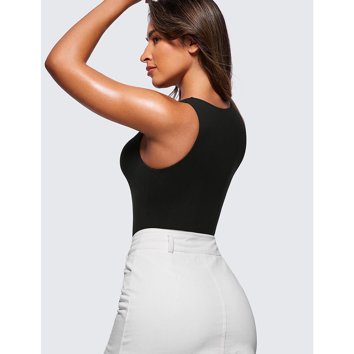 CRZ YOGA Butterluxe Sleeveless Bodysuit for Women High Neck Double Lined Sexy Tank Tops Racerback Thong Jumpsuits Black Medium