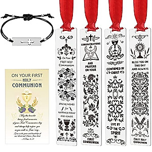4 Pcs First Communion Blessing Metal Bookmark 4 Pcs First Communion Black Stretch Bracelet with Charm and 4 Pcs Holy Communion Card for Boys Girls Religious Christian Present